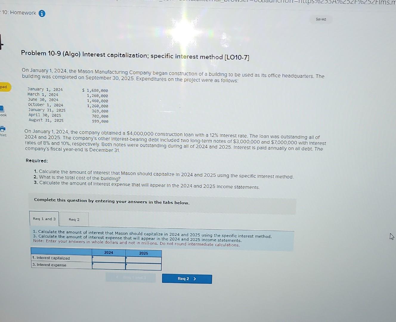 Solved Problem 10-9 (Algo) Interest capitalization; specific | Chegg.com