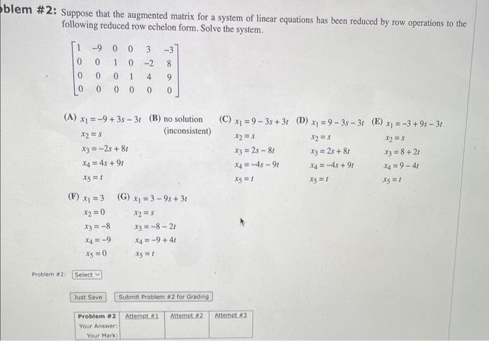 Solved lem \#2: Suppose that the augmented matrix for a | Chegg.com