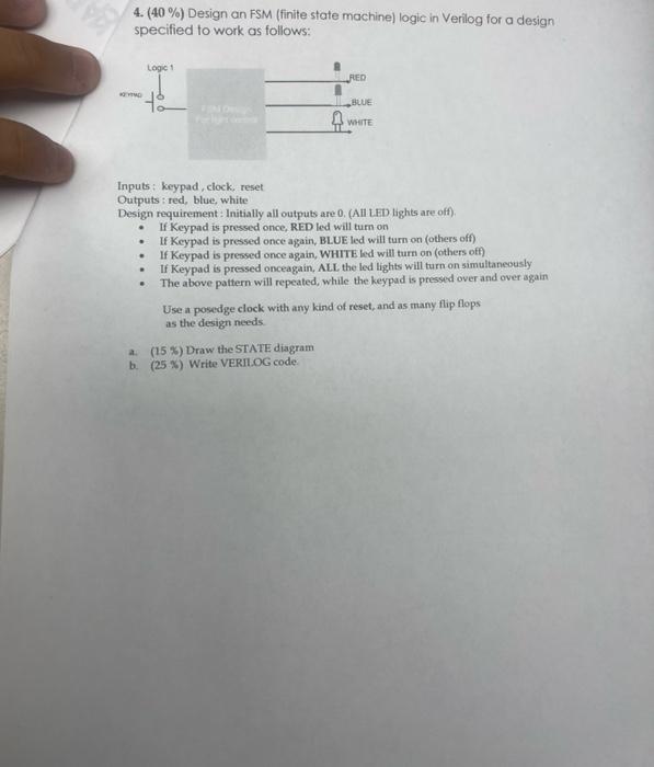 Solved 4. ( 40% ) Design an FSM (finite state machine) logic | Chegg.com
