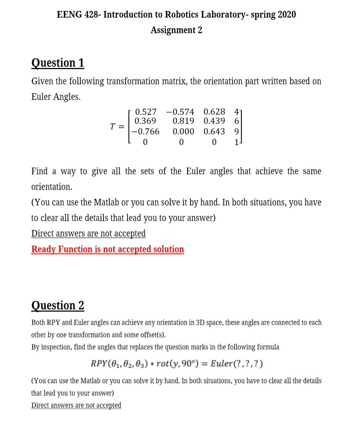 EENG 428- Introduction to Robotics Laboratory- spring | Chegg.com