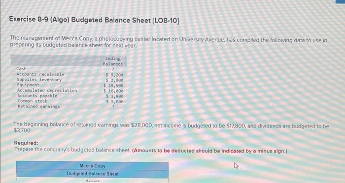 Solved Exercise 8-9 (Algo) Budgeted Balance Sheet [LO8-10] | Chegg.com