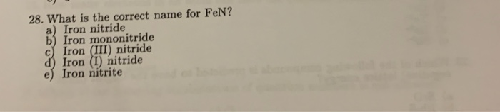 Solved 28. What is the correct name for FeN? a) Iron nitride | Chegg.com