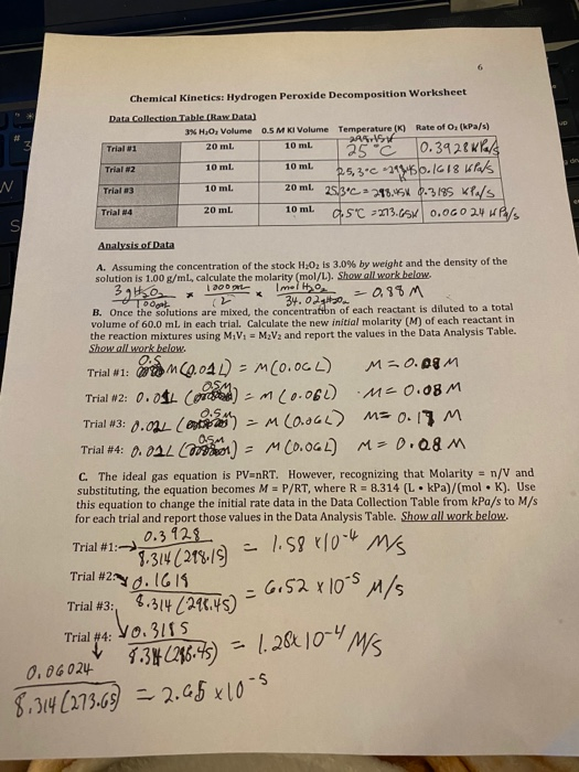 Solved 6 Chemical Kinetics Hydrogen peroxide Decomposition | Chegg.com