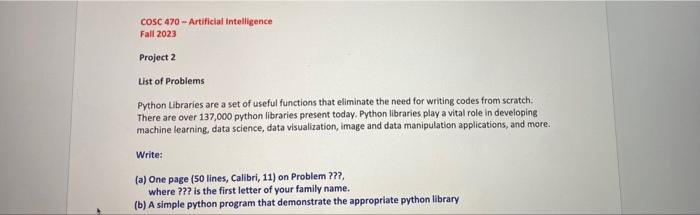 cosc470− Artificial intelligence Fall 2023 Project 2 | Chegg.com