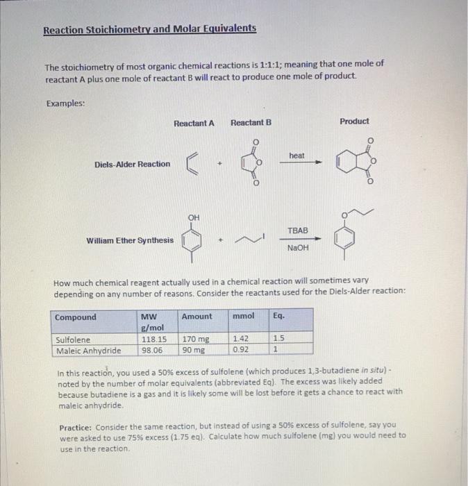 Solved Reaction Stoichiometry and Molar Equivalents The | Chegg.com