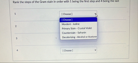 Solved Rank the steps of the Gram stain in order with 1 | Chegg.com