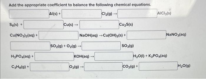 Solved Al(s)+Cl2( g)→AlCl3( s) s8( s)+Cu(s)→Cu2 S( s) | Chegg.com