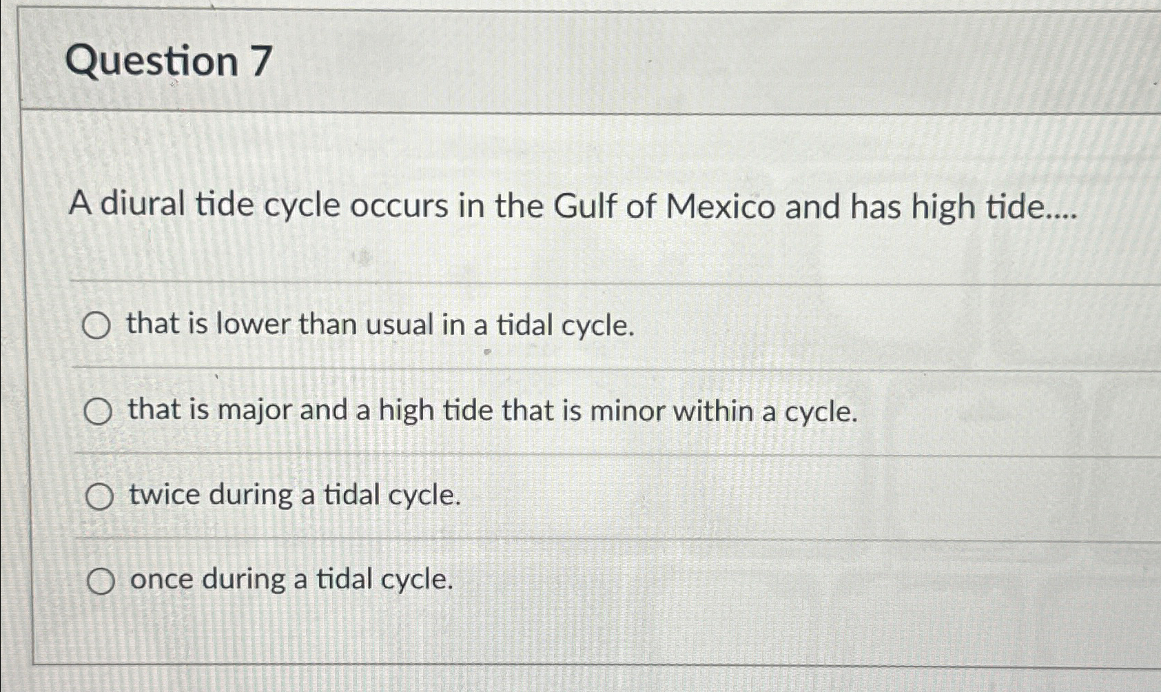 Solved Question 7A diural tide cycle occurs in the Gulf of | Chegg.com