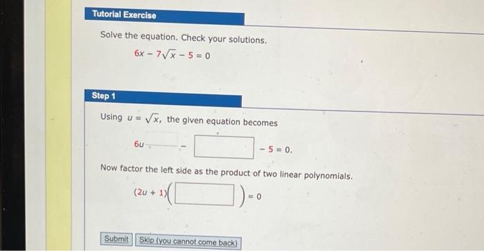 Solved Tutorial Exercise Solve the equation. Check your | Chegg.com
