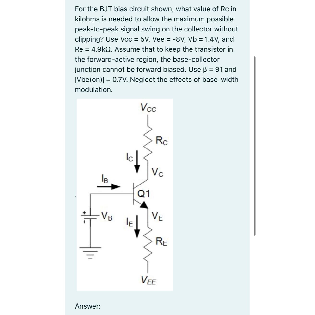 For the BJT bias circuit shown, what value of Rc in | Chegg.com