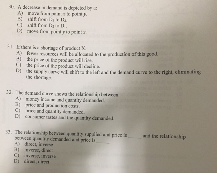 Solved 30. A decrease in demand is depicted by a: A) move | Chegg.com