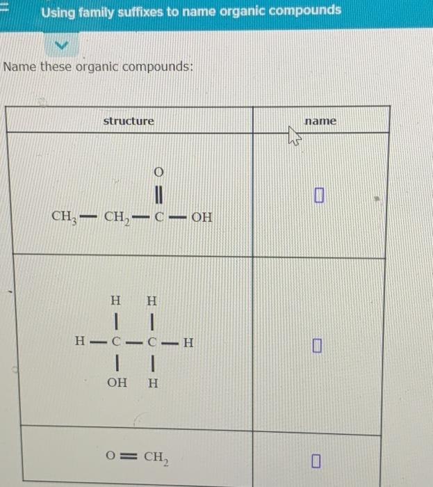 Solved Using family suffixes to name organic compounds Name | Chegg.com