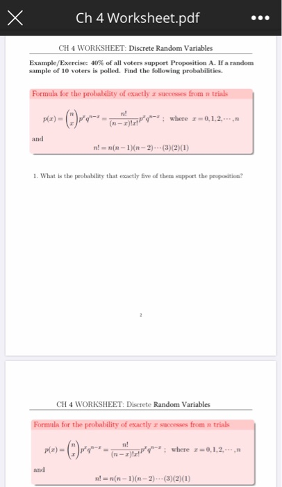 Solved X Ch 4 Worksheet.pdf CH 4 WORKSHEET: Discrete Random | Chegg.com