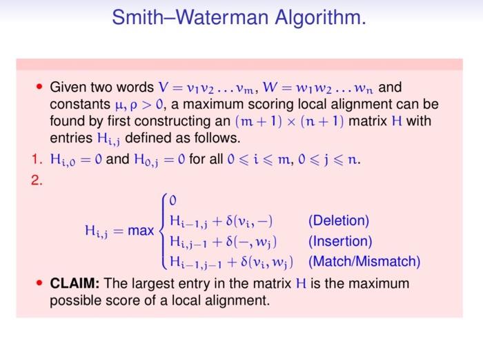 Solved 2 Apply The Smith Waterman Algorithm With μρ1 To 