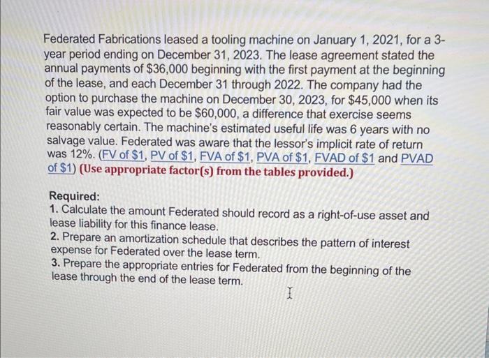 Solved Federated Fabrications leased a tooling machine on | Chegg.com