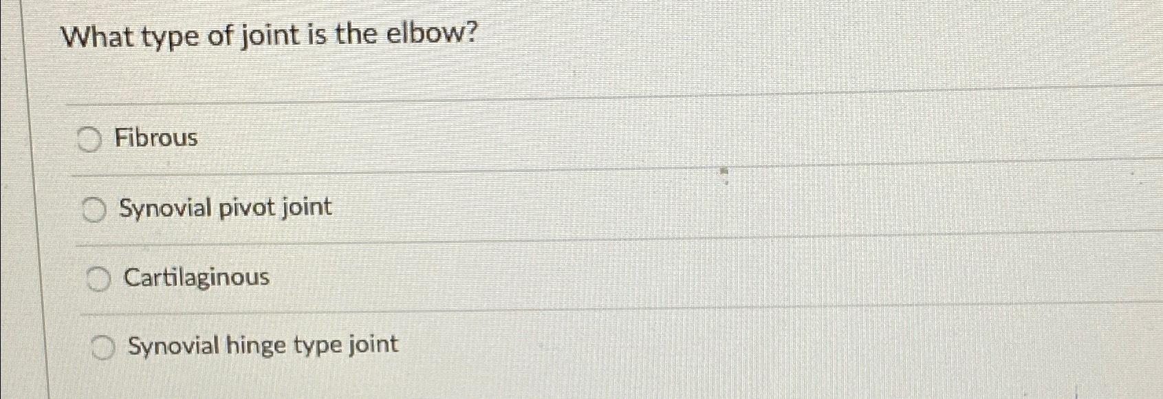 Solved What type of joint is the elbow?FibrousSynovial pivot | Chegg.com