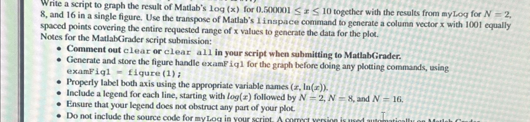Solved Write a script to graph the result of Matlab's log(x) | Chegg.com