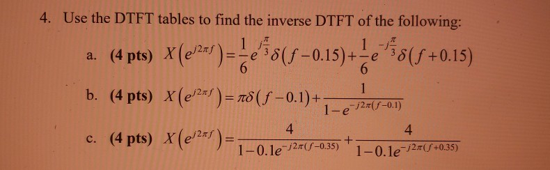 Solved e 4. Use the DTFT tables to find the inverse DTFT of | Chegg.com