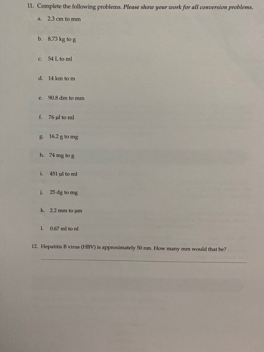 Solved The Metric System and Basic Microscopy (20 points) 1. | Chegg.com