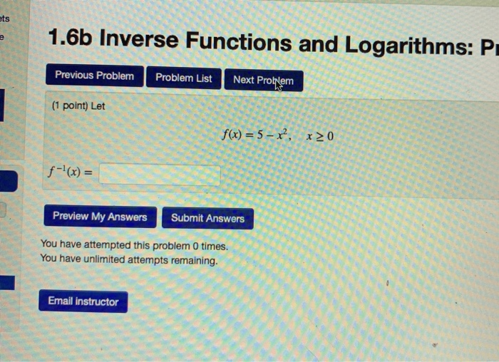 Solved 1.6b Inverse Functions and Logarithms: P Previous | Chegg.com