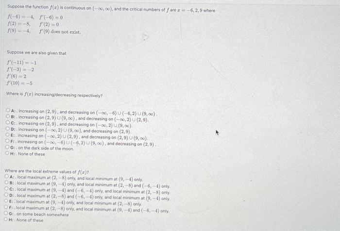Solved Supposo the function f(x) is continuous on (−∞,∞), | Chegg.com