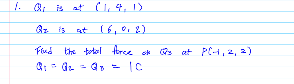 Solved Q1 is at (1,4,1)Q2 is at (6,0,2)Find the total force | Chegg.com