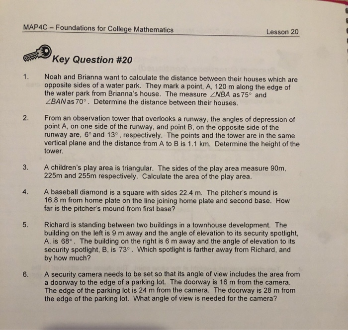 Solved MAP4C - Foundations for College Mathematics Lesson 20 | Chegg.com