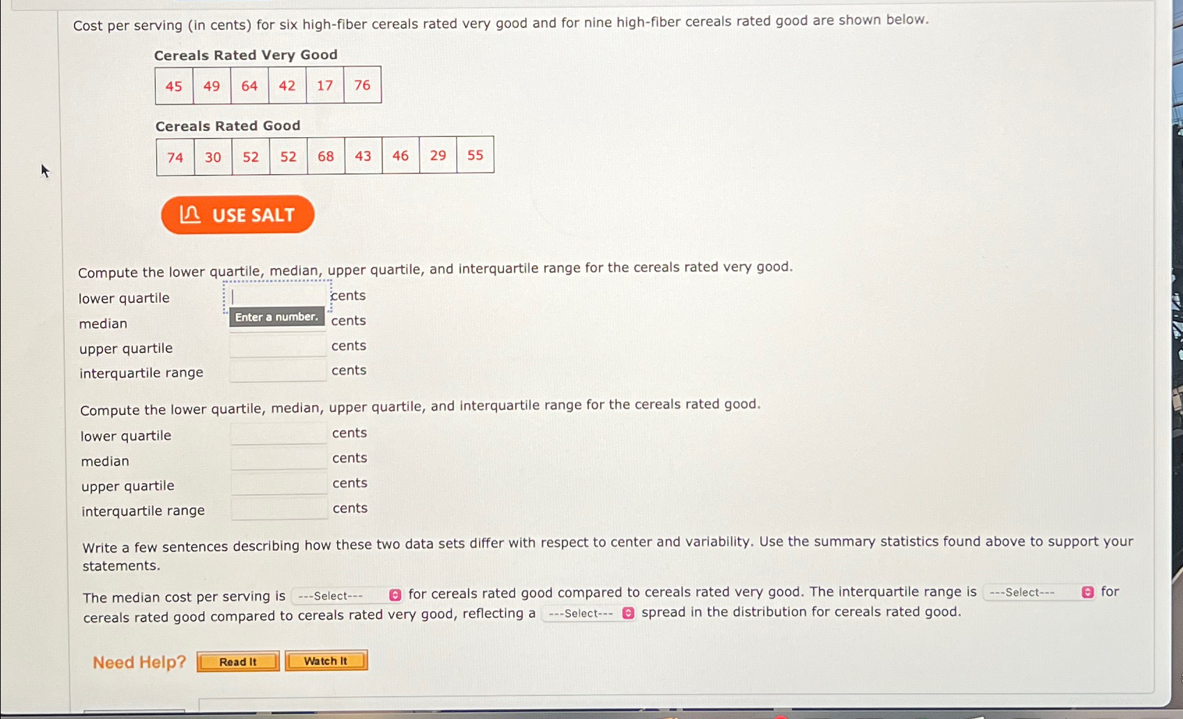 Solved Cost per serving (in cents) ﻿for six high-fiber | Chegg.com