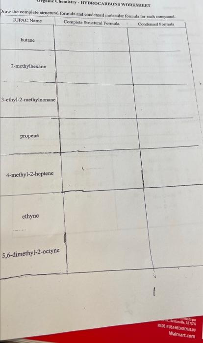 Solved Fganic Chemistry - HYDROCARBONS WORKSHEET Draw the | Chegg.com