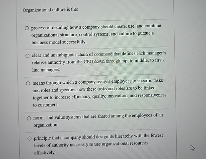 Solved Organizational culture is the:process of deciding how | Chegg.com