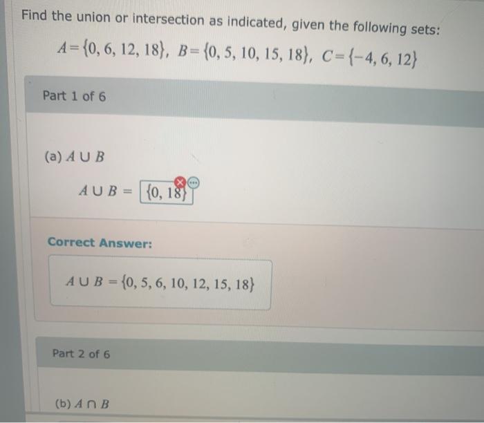 Solved Find the union or intersection as indicated, given | Chegg.com