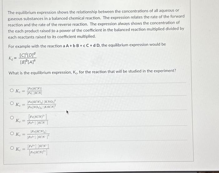 The equilibrium expression shows the relationship | Chegg.com