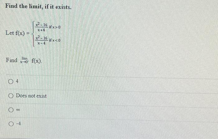 Solved Find the limit, if it exists. Let f(x) = 04 lim x2-16 | Chegg.com