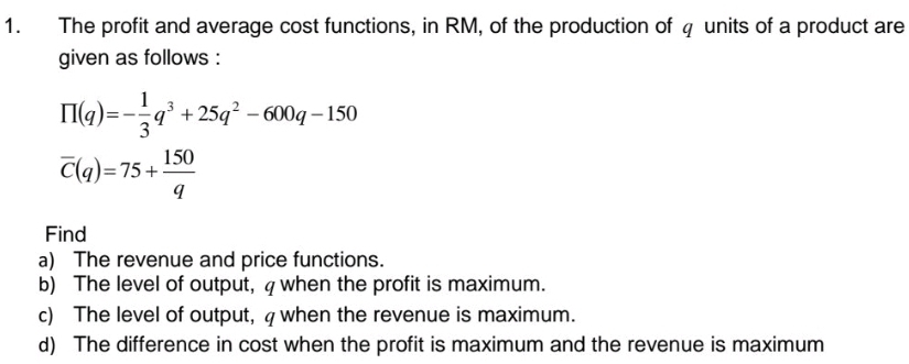 Solved The profit and average cost functions, in RM, ﻿of the | Chegg.com