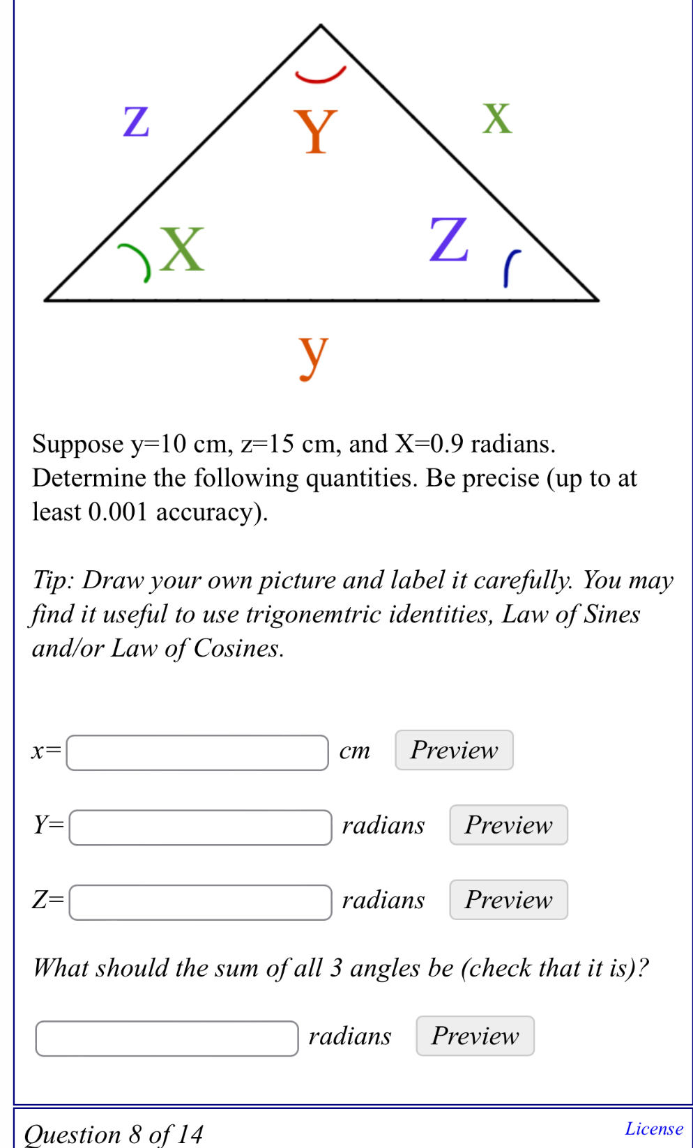 Solved Suppose y=10cm,z=15cm, ﻿and x=0.9 ﻿radians. Determine | Chegg.com