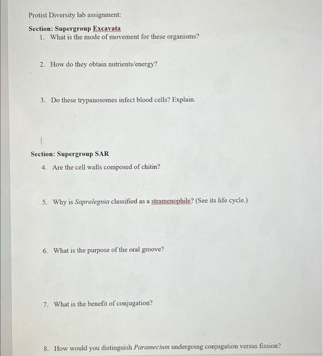 Solved Protist Diversity lab assignment: Section: Supergroup | Chegg.com