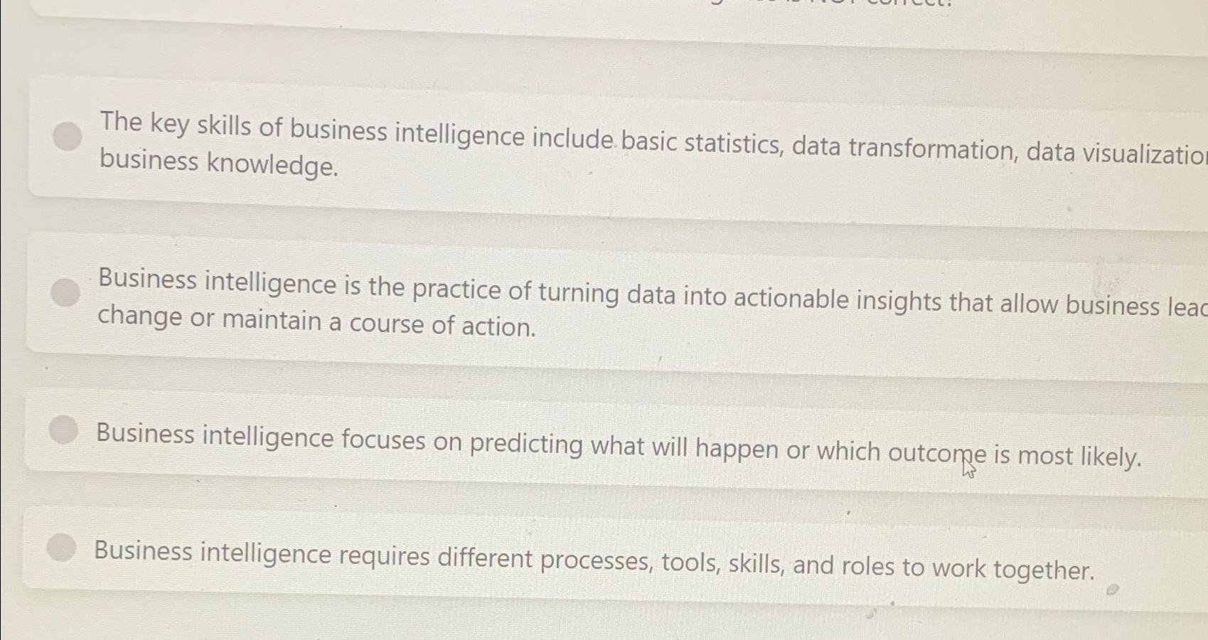 Solved The key skills of business intelligence include basic | Chegg.com