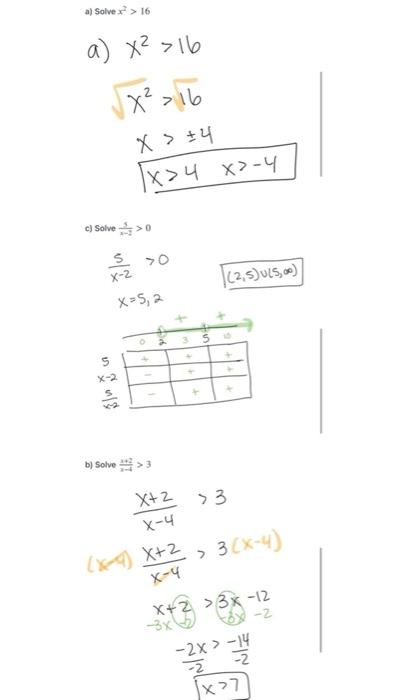 Solved a) Solvex > 16 a) X² >16 x² = 16 X > #4 1X34 x>-4 c) | Chegg.com