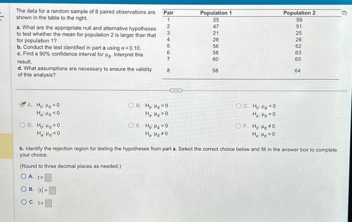 Solved The data for a random sample of 8 paired observations | Chegg.com