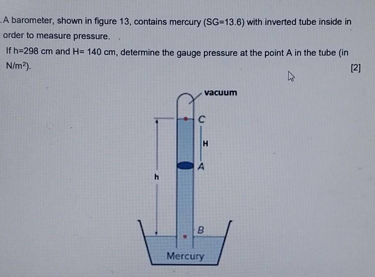 Solved A barometer, shown in figure 13, contains mercury | Chegg.com