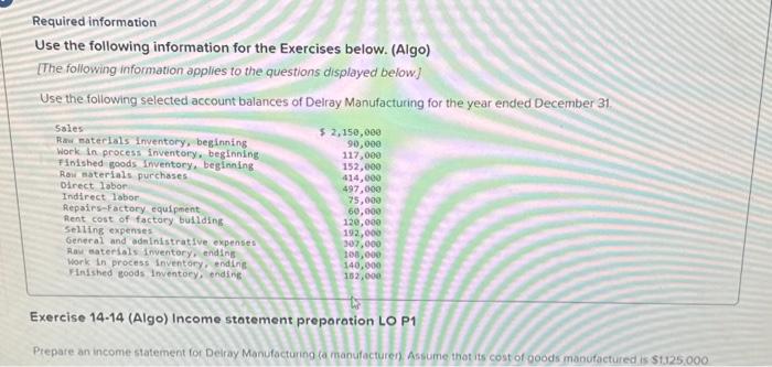 Solved Exercise 14−14 (Algo) Income statement preparation LO | Chegg.com