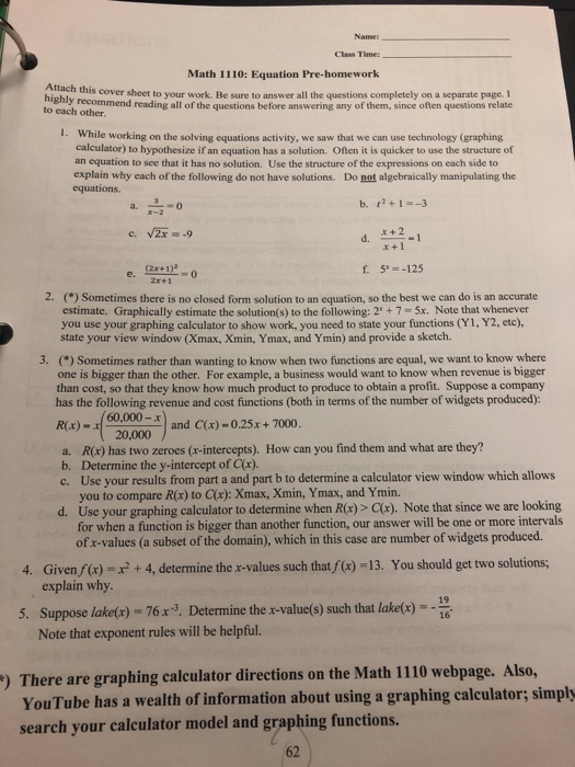 Solved Names Ca Times Math 1110 Equation Pre Homework