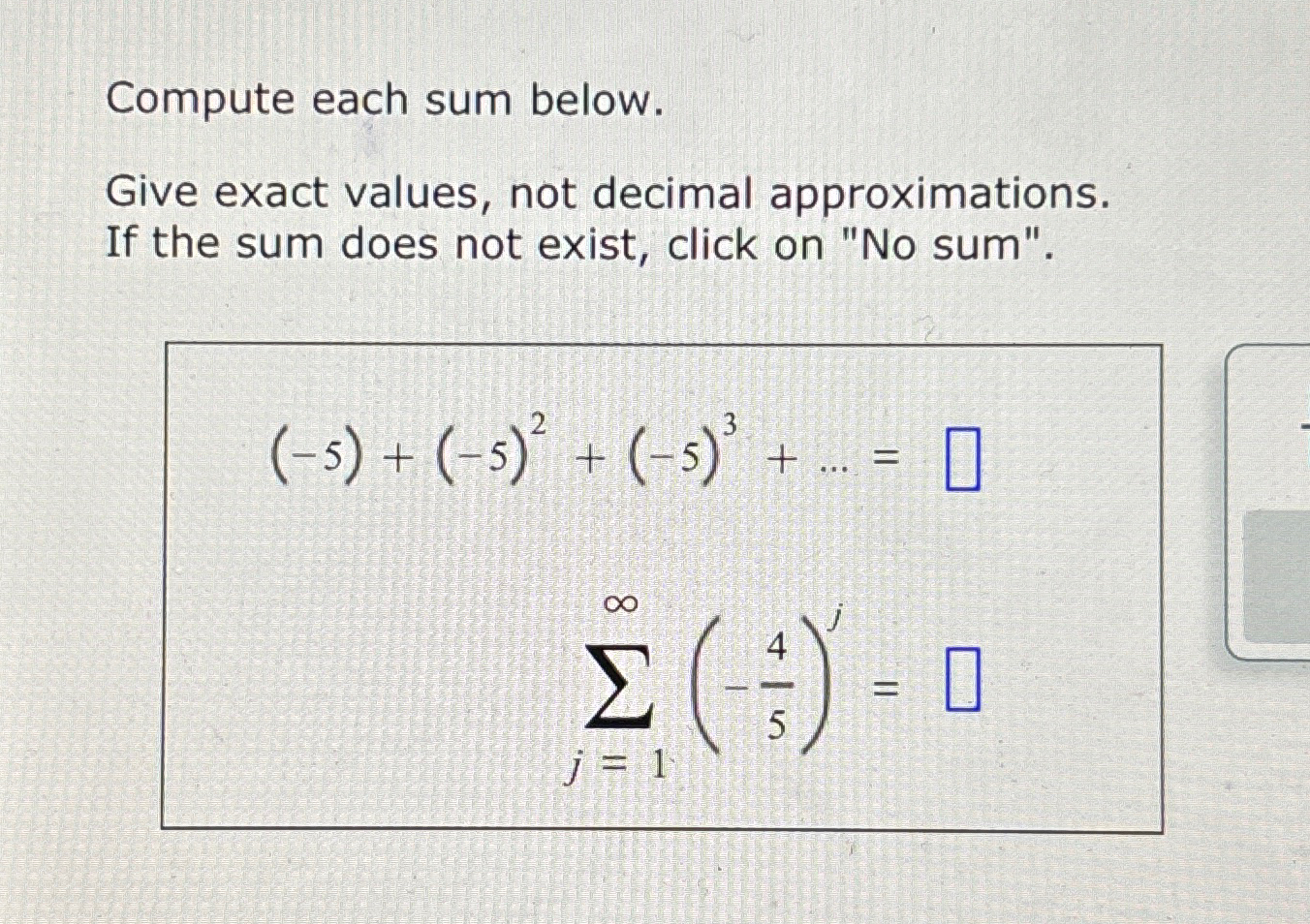 Solved Compute each sum below.Give exact values, not decimal | Chegg.com