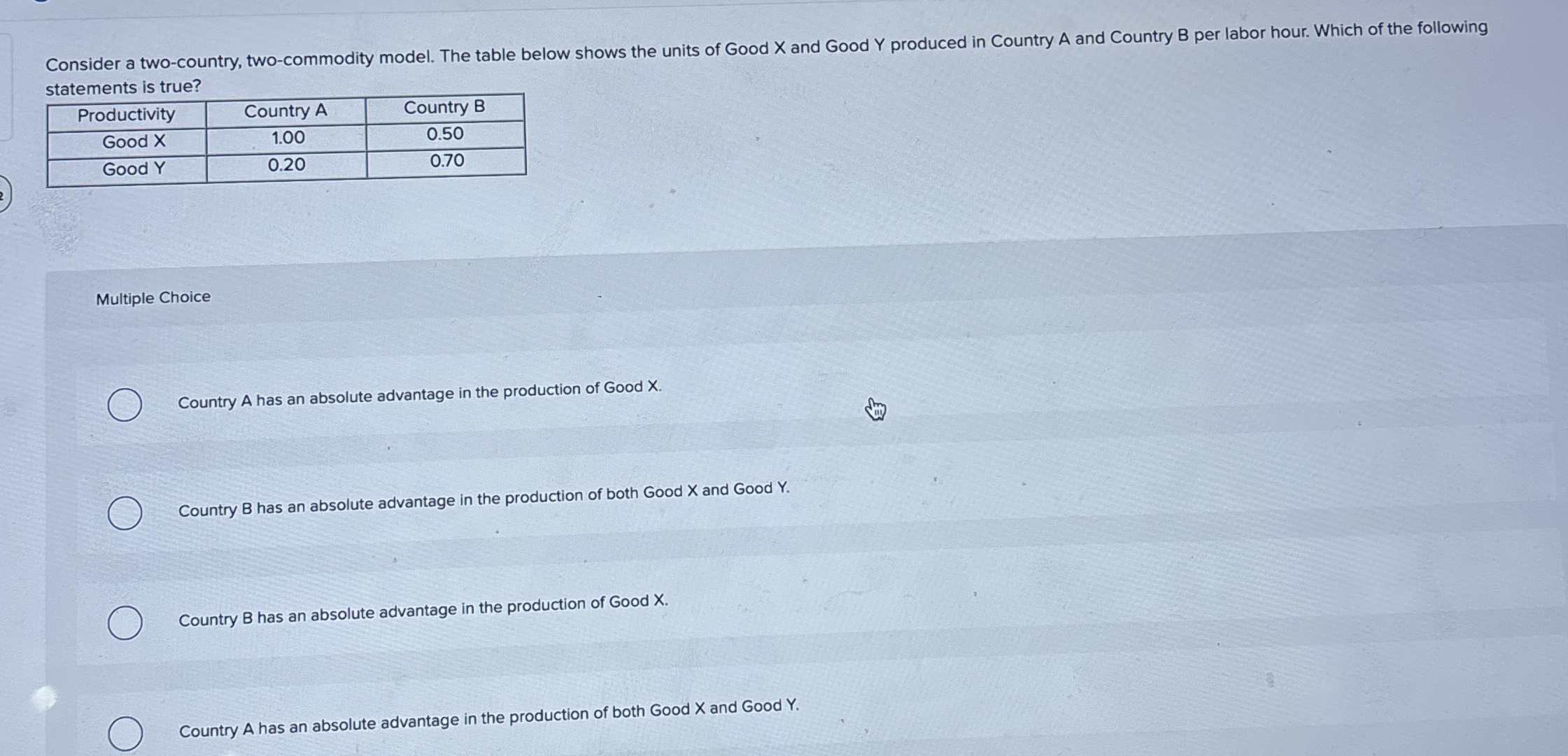 Solved Consider a two-country, two-commodity model. The | Chegg.com