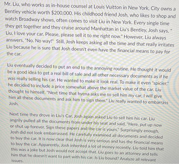 Mr. Liu, who works as in-house counsel at Louis | Chegg.com