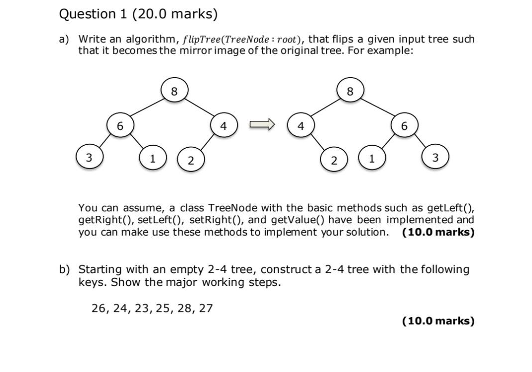 Solved a) Write an algorithm, flipTree(TreeNode : root), | Chegg.com