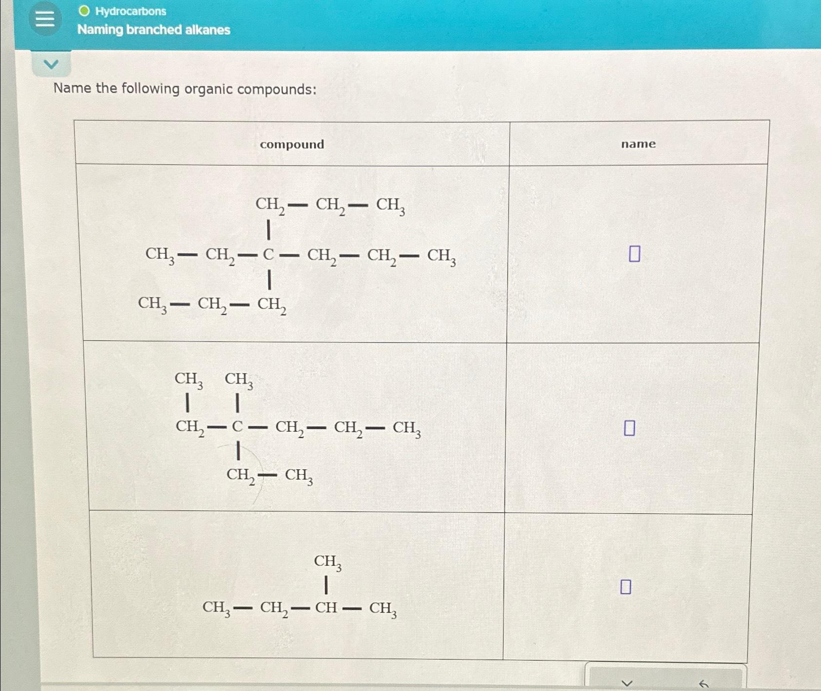 Solved HydrocarbonsNaming branched alkanesName the following | Chegg.com