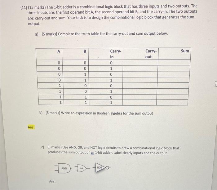 Solved (11) (15 marks) The 1-bit adder is a combinational | Chegg.com
