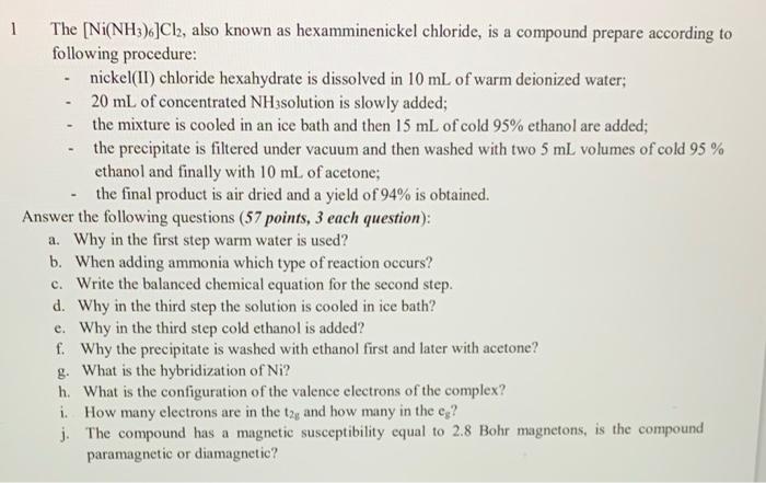 Solved 1 The [Ni(NH3).]Cl2, also known as hexamminenickel | Chegg.com