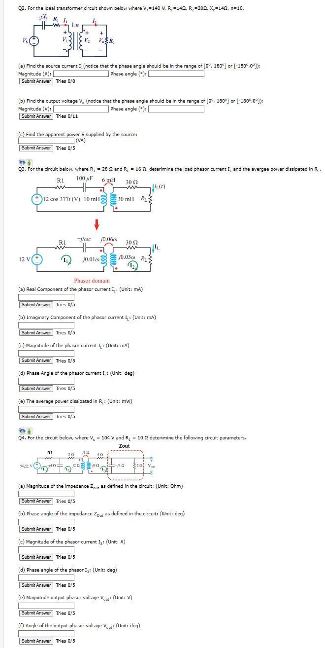 Solved Q2. ﻿For the ideal transformer circuit shown below | Chegg.com